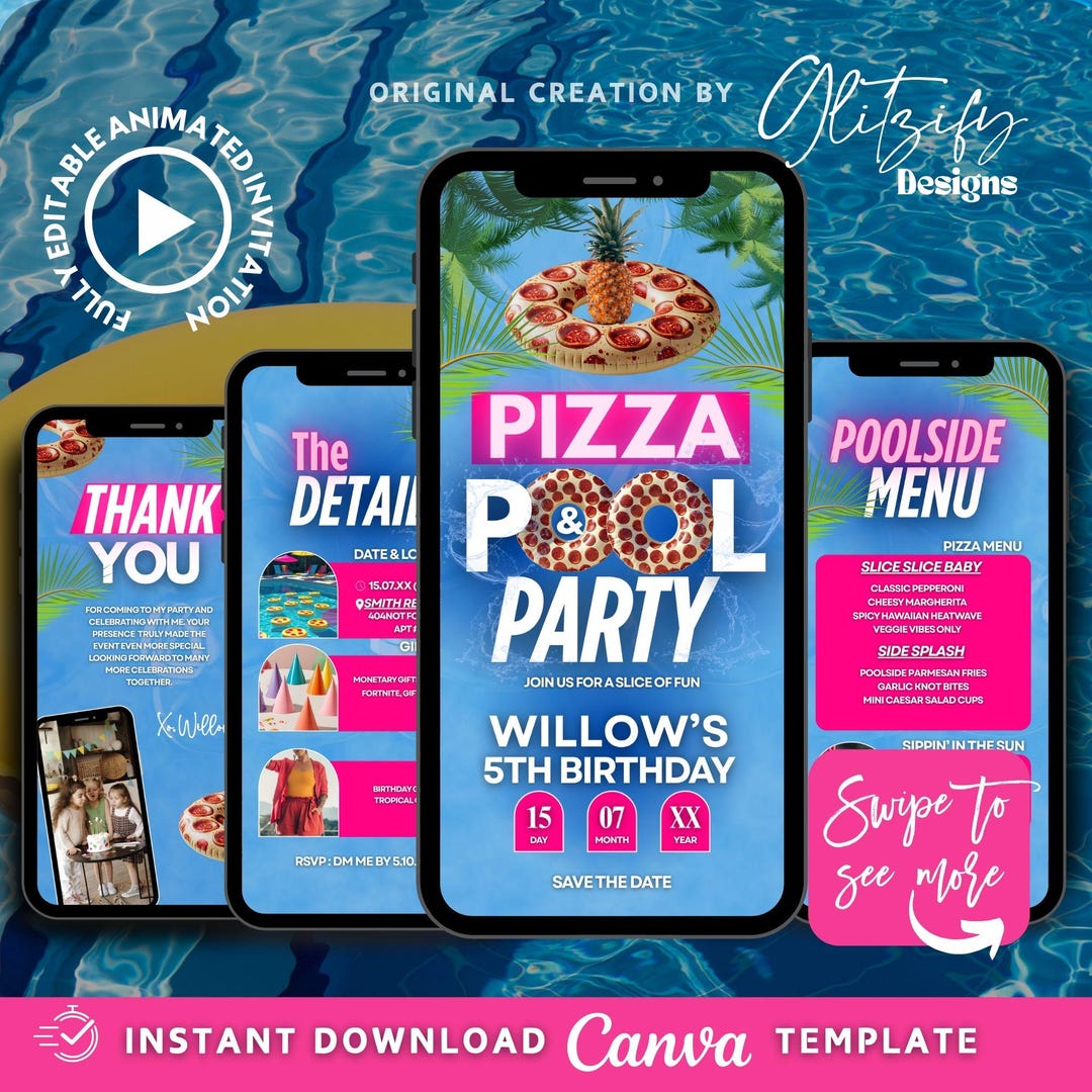 Animated Pizza Pool Party Invitation: Editable Canva Template - Etsy