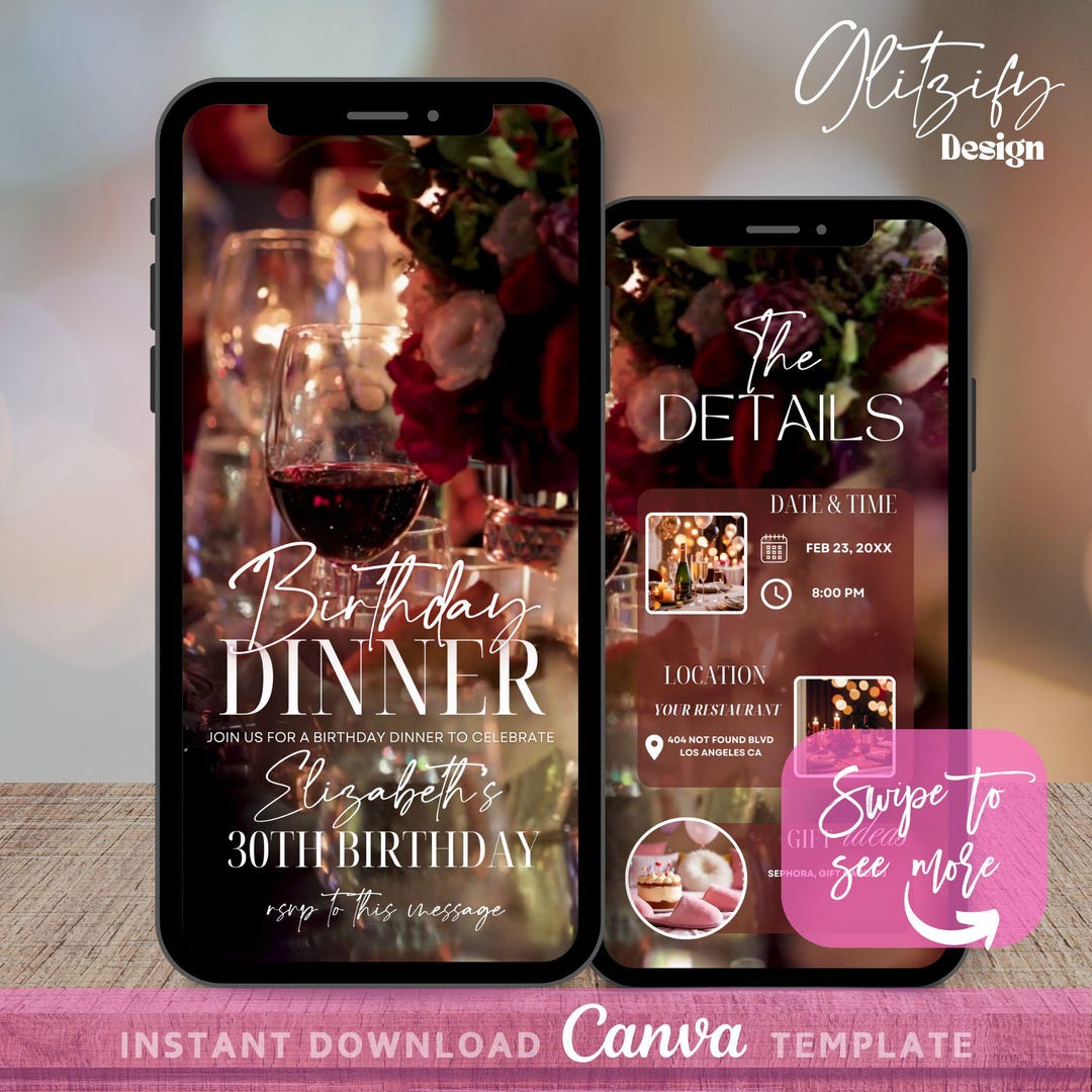 Animated Birthday Dinner Invitation: Elegant Digital Text Invite (canva ...