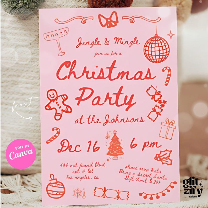 Hand Drawn Christmas Party Invitation: Retro Doodle Design (editable ...