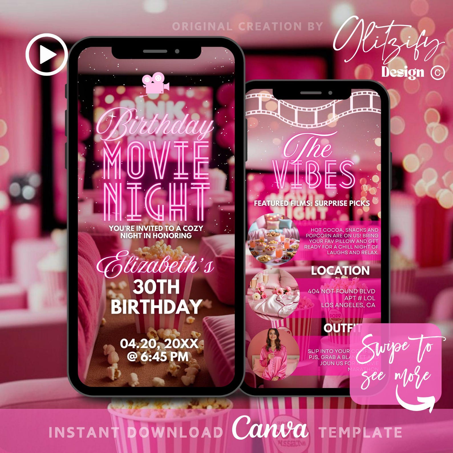 Pink Movie Night Birthday Invitation: Glam Pajama Party (digital ...