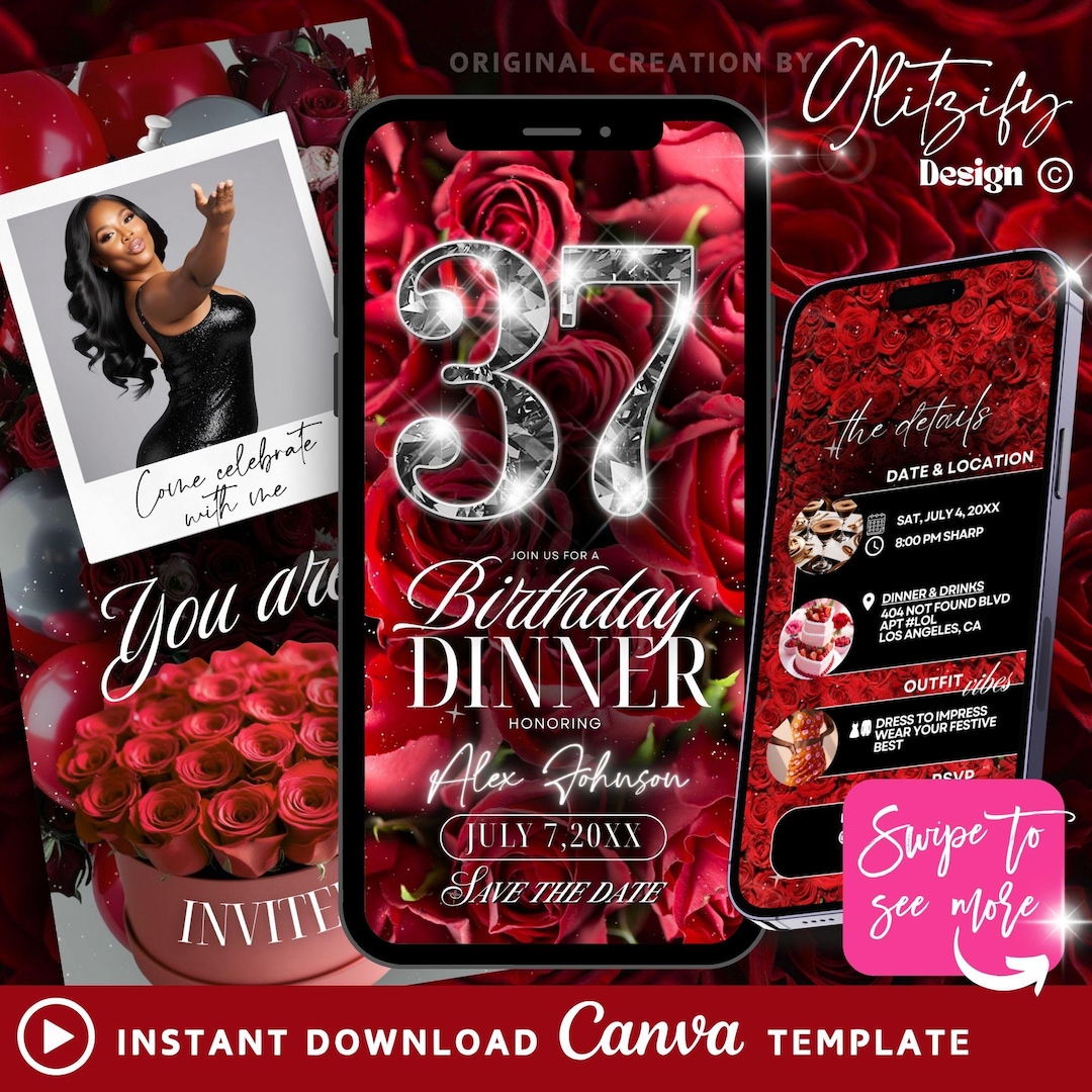 Red Roses 37th Birthday Animated Invitation: Digital Party Flyer (canva ...