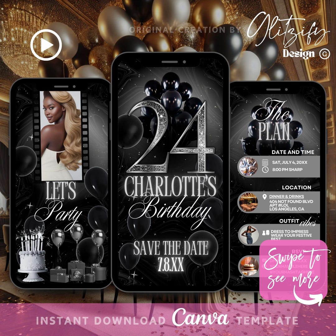 Digital 24th Birthday Invitation,elegant Balloon Birthday Invite,black ...