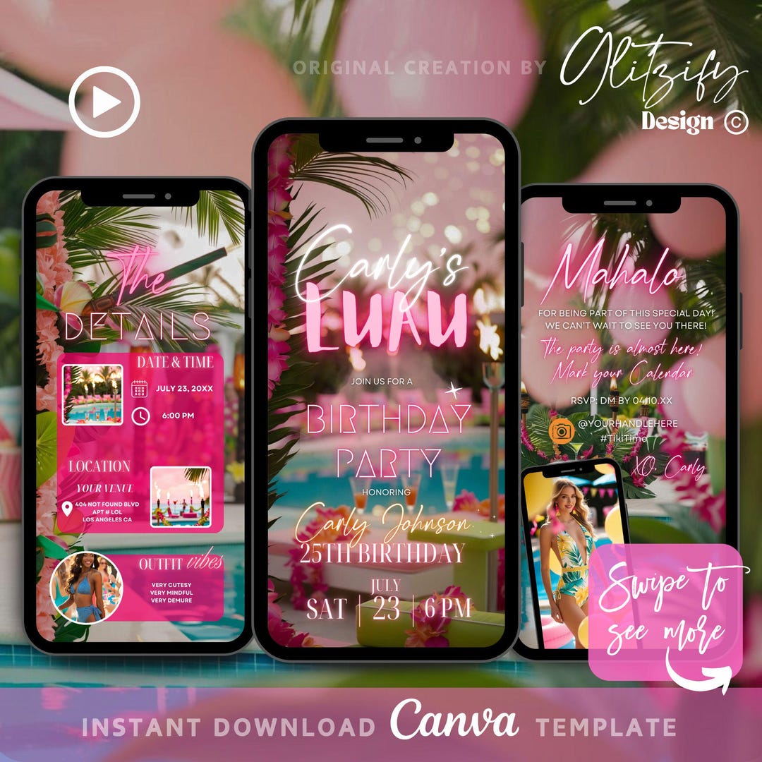 Luau Birthday Party Invitation,luau Party Invite,tiki Time Birthday ...