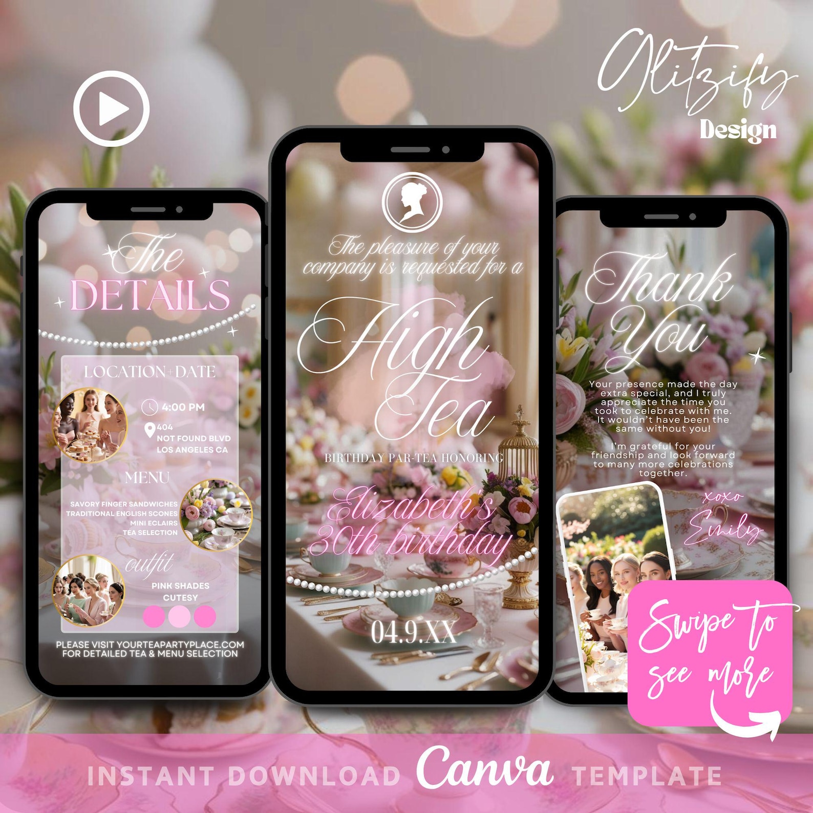 Animated High Tea Invitation: Pink Regency Birthday Brunch (digital ...