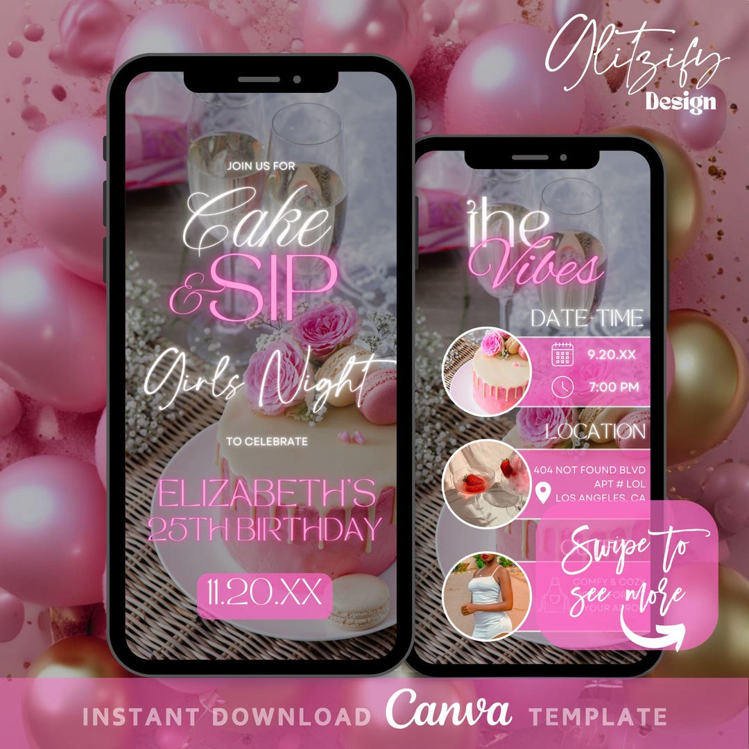 Animated Cake & Sip Birthday Invitation: Girls Night Out (digital ...
