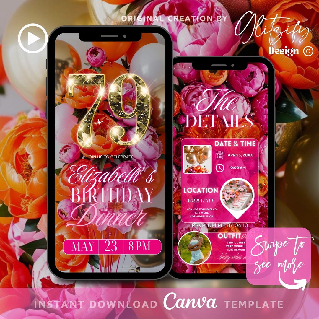 79th Birthday Animated Invitation: Pink Floral Peony Design (digital ...