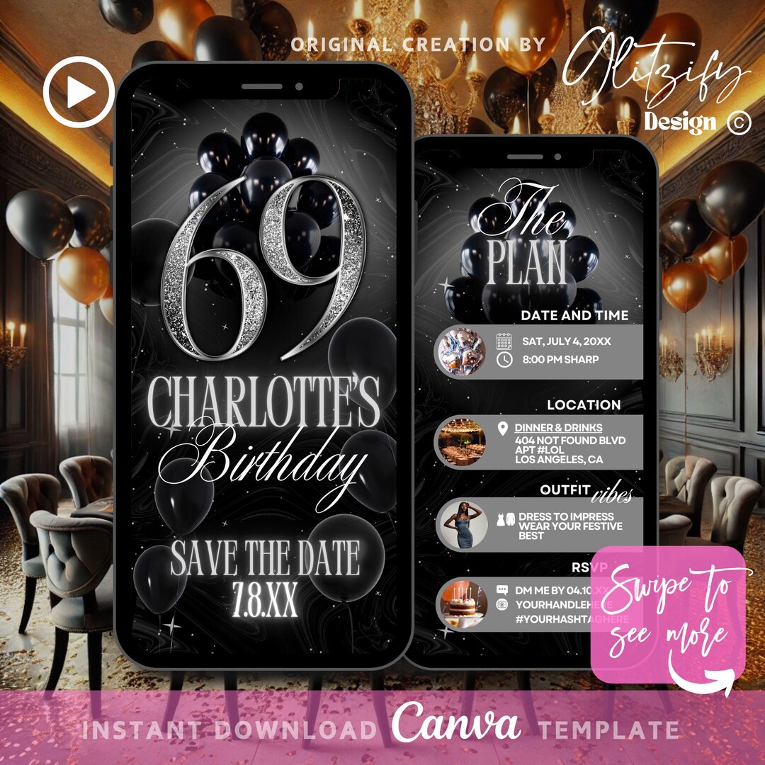Digital 69th Birthday Invitation,elegant Balloon Birthday Invite,black ...