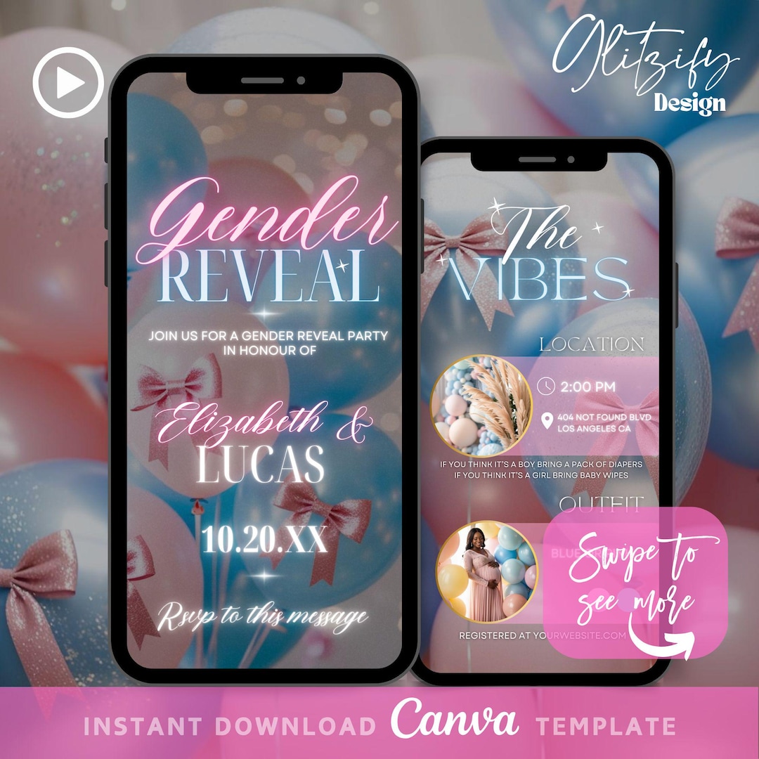 Animated Gender Reveal Invitation: Pink & Blue Bow, Canva Template ...