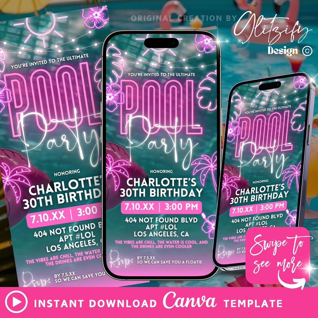 Neon Pool Party Invitation,summer Pink Glow Pool Party Video Invite ...