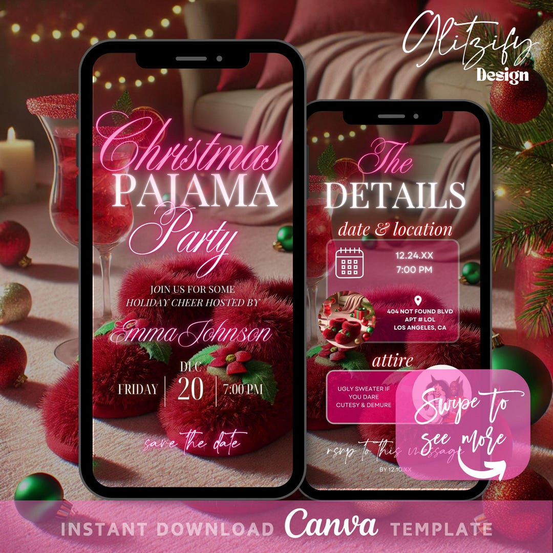 Pink Christmas Pajama Party Digital Invitation,christmas Pj Party Video ...