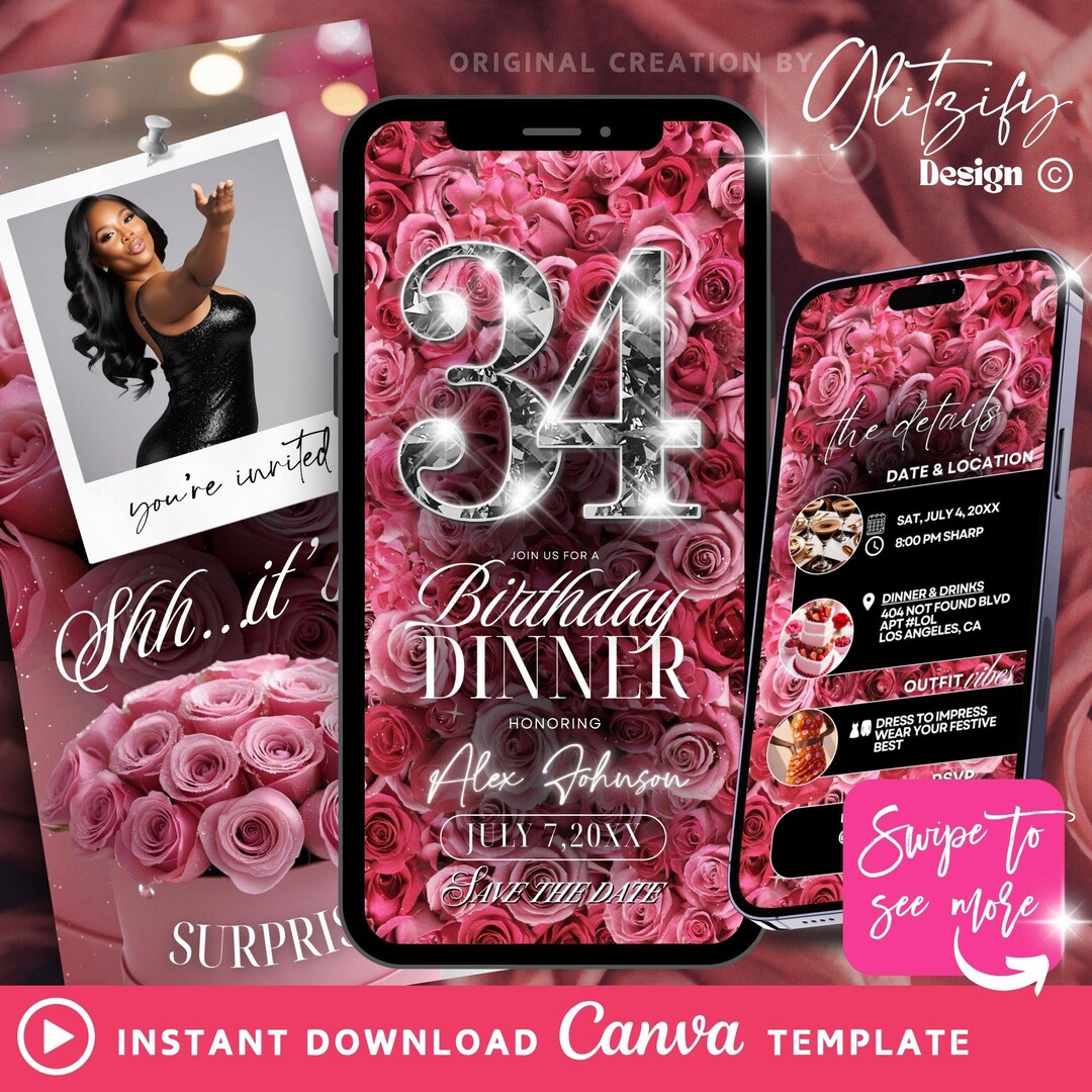 Digital Pink 34th Birthday Invitation,roses Birthday Invite,pink Rose ...