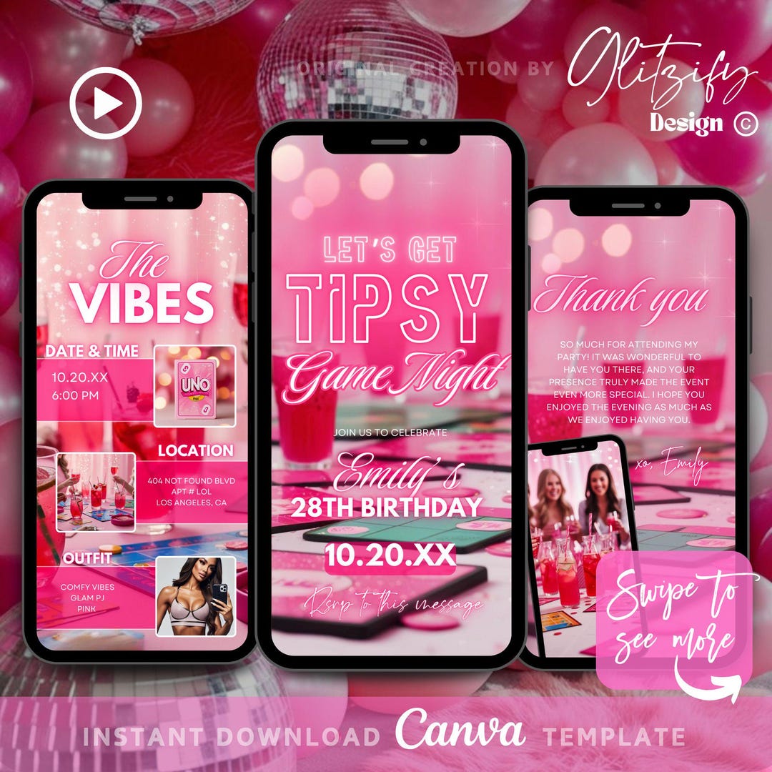 Pink Game Night Animated Invitation: Tipsy Birthday Party (digital ...