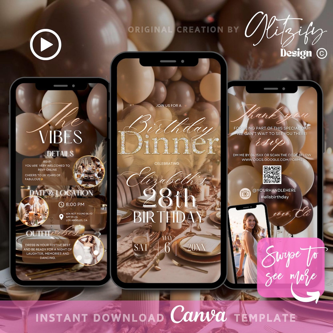 Mocha Brown Birthday Dinner Animated Invitation: Editable Canva ...