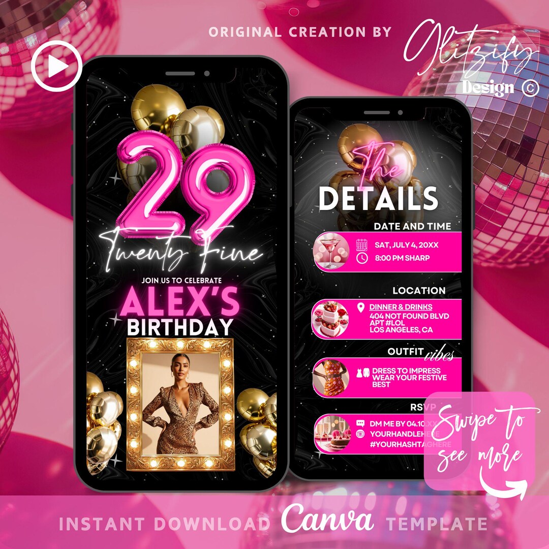Glam 29th Birthday Invitation Template,editable Digital Party Invite ...