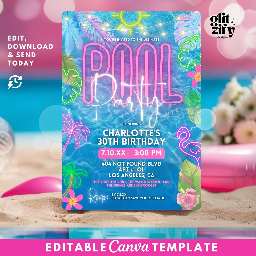 Pink Neon Pool Party Invitation: Hand-drawn Retro Design (5x7, Digital ...