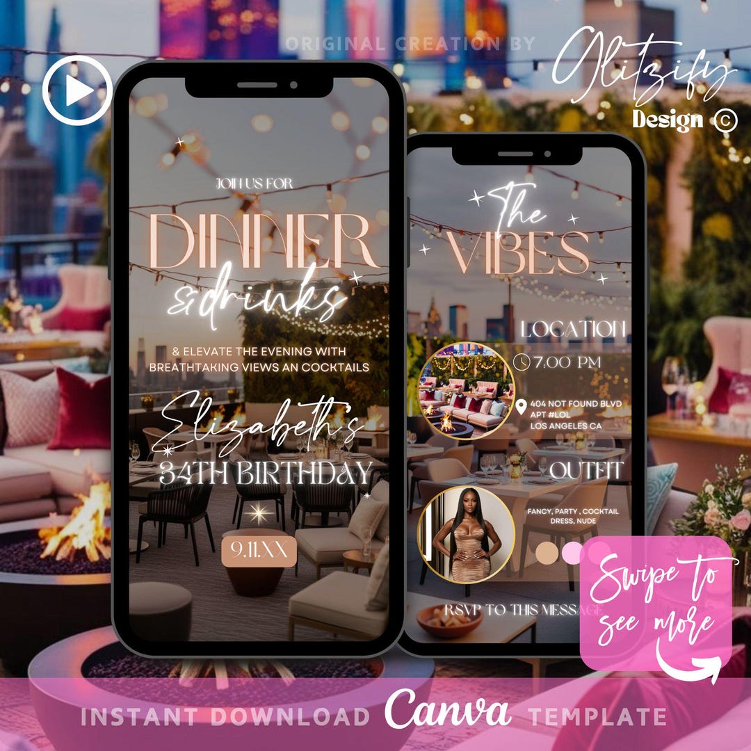 Rooftop Birthday Dinner Animated Invitation: Editable Canva Template ...