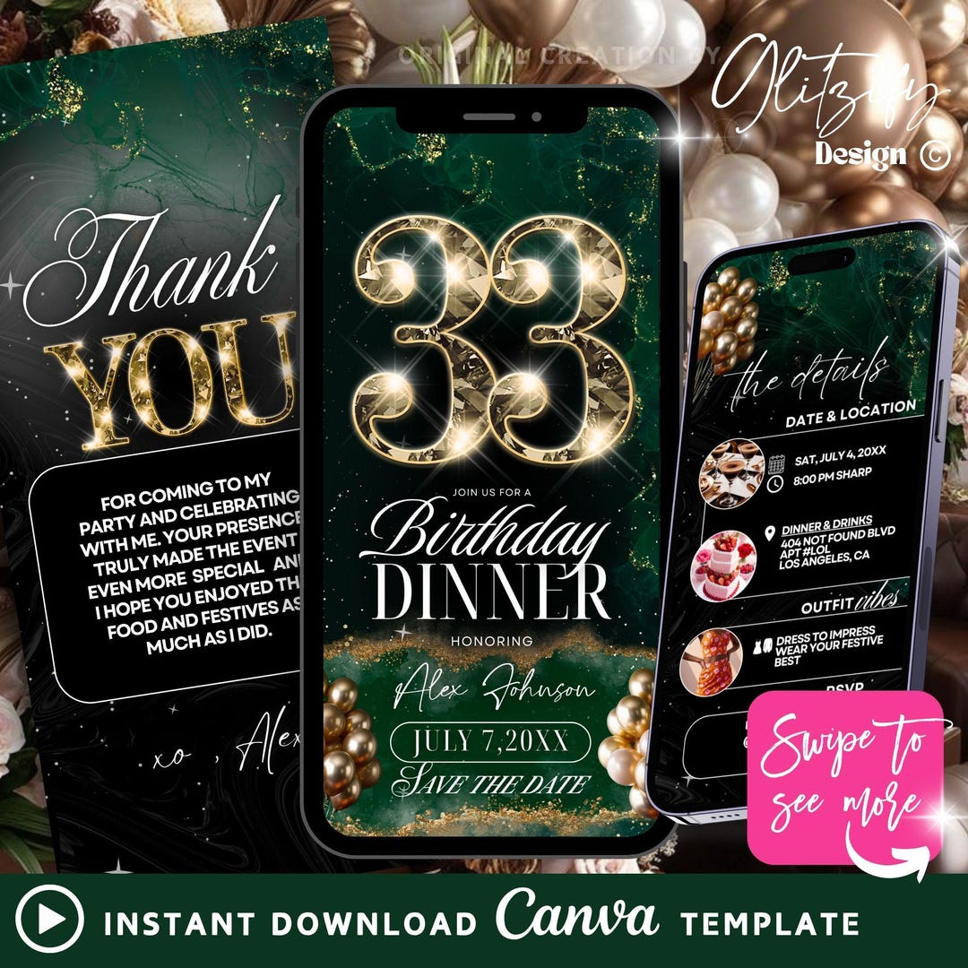 Animated 33rd Birthday Invitation: Emerald Green, Glam Luxury (digital ...