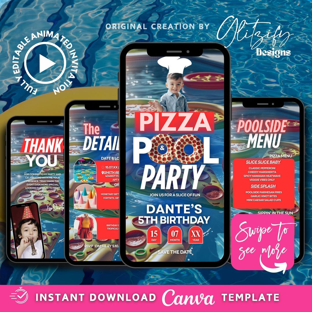 Pizza Pool Party Animated Invitation: Summer Birthday Video Invite ...