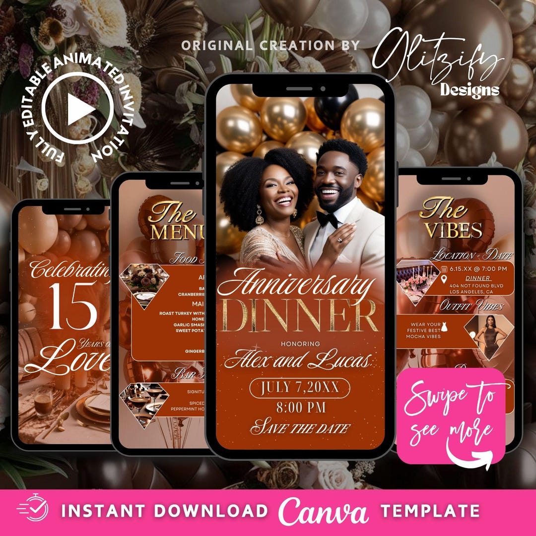 Animated Anniversary Dinner Invitation: Truffle Brown, Editable Canva ...