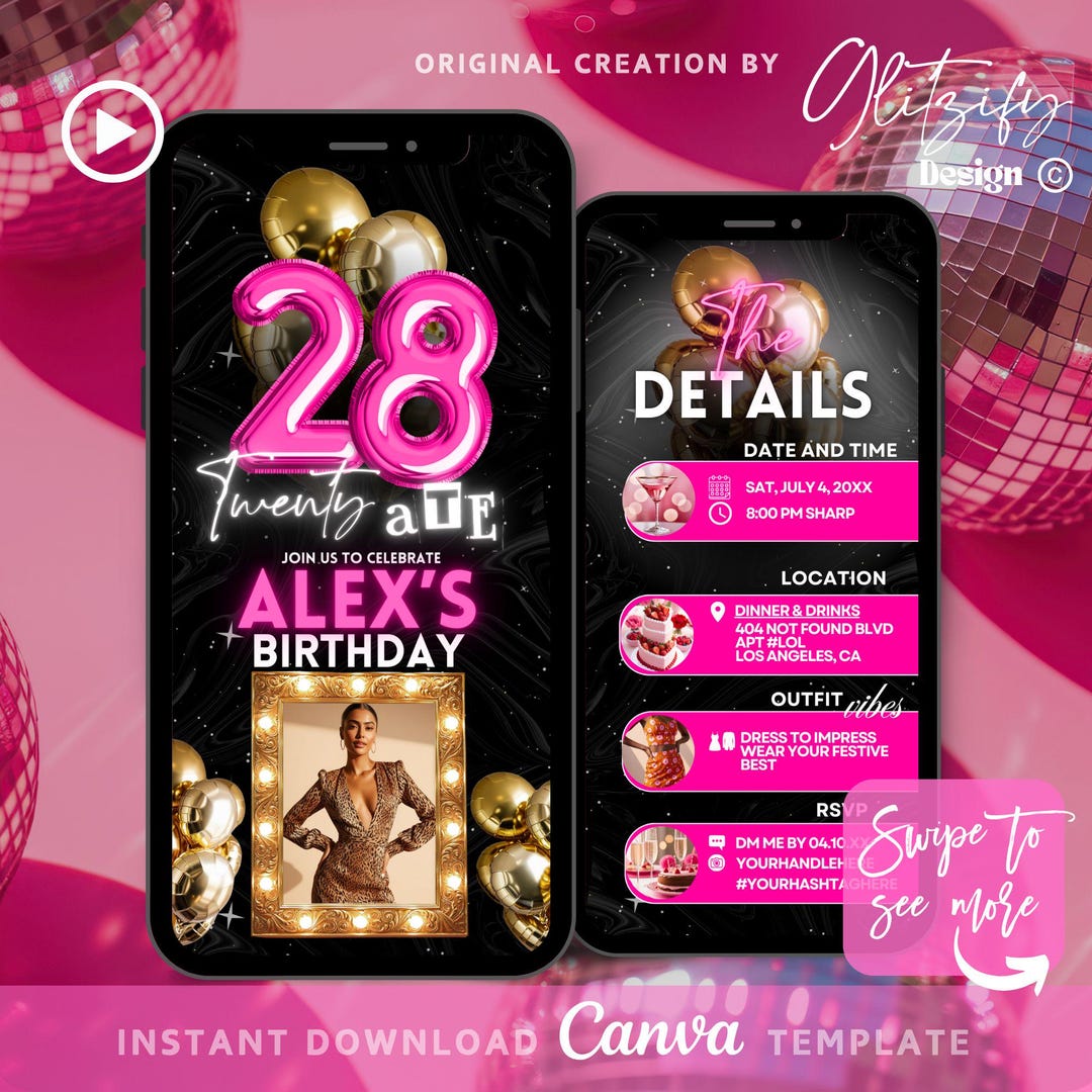 Glam 28th Birthday Invitation Template,editable Digital Party Invite,28th Neon Pink Gold Balloon ...