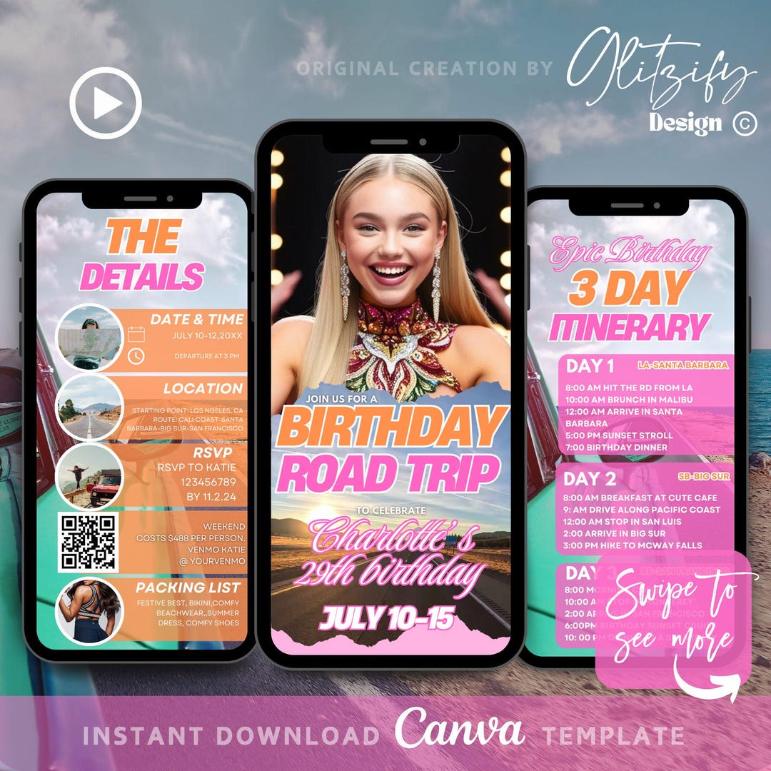 Editable Road Trip Birthday Invitation,road Trip Itinerary Invite ...