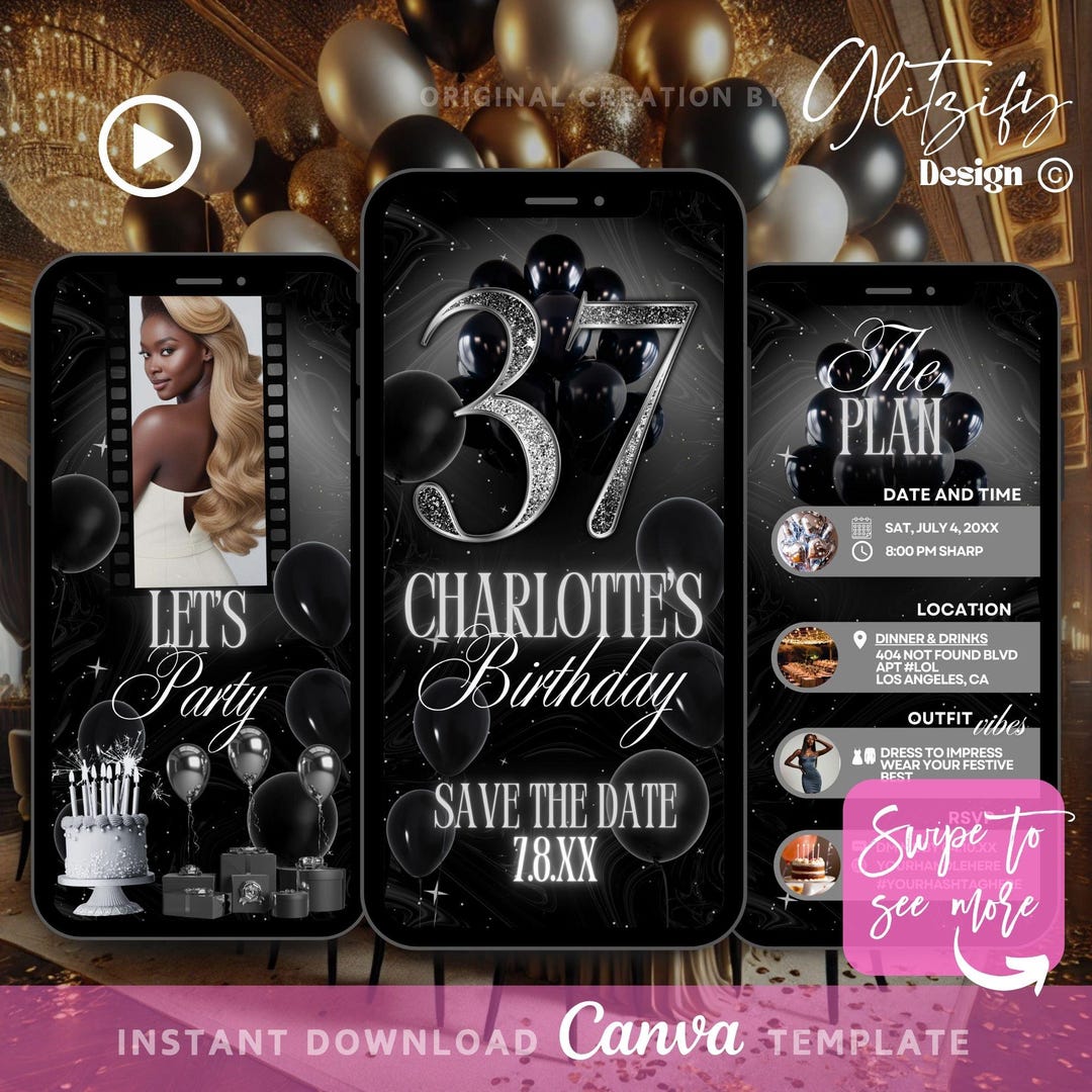 Digital 37th Birthday Invitation,elegant Balloon Birthday Invite,black ...