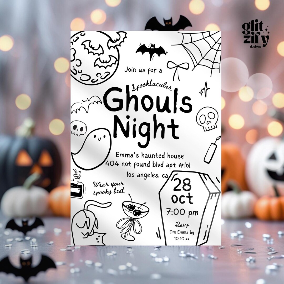 Ghouls Night Halloween Invitation: Hand-drawn Ghost Party (editable ...