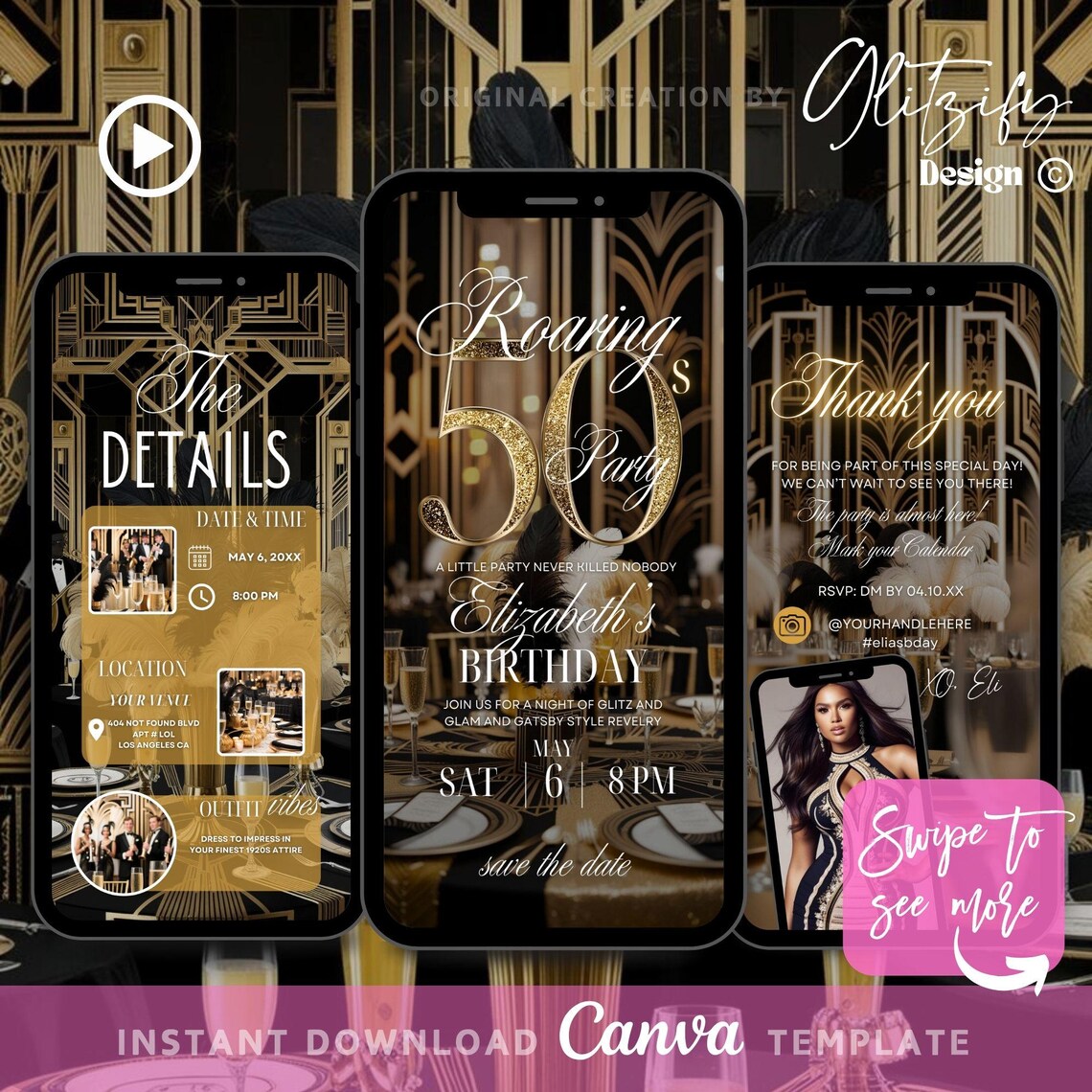 Roaring 50s Birthday Animated Invitation: Glam Speakeasy Party (instant ...