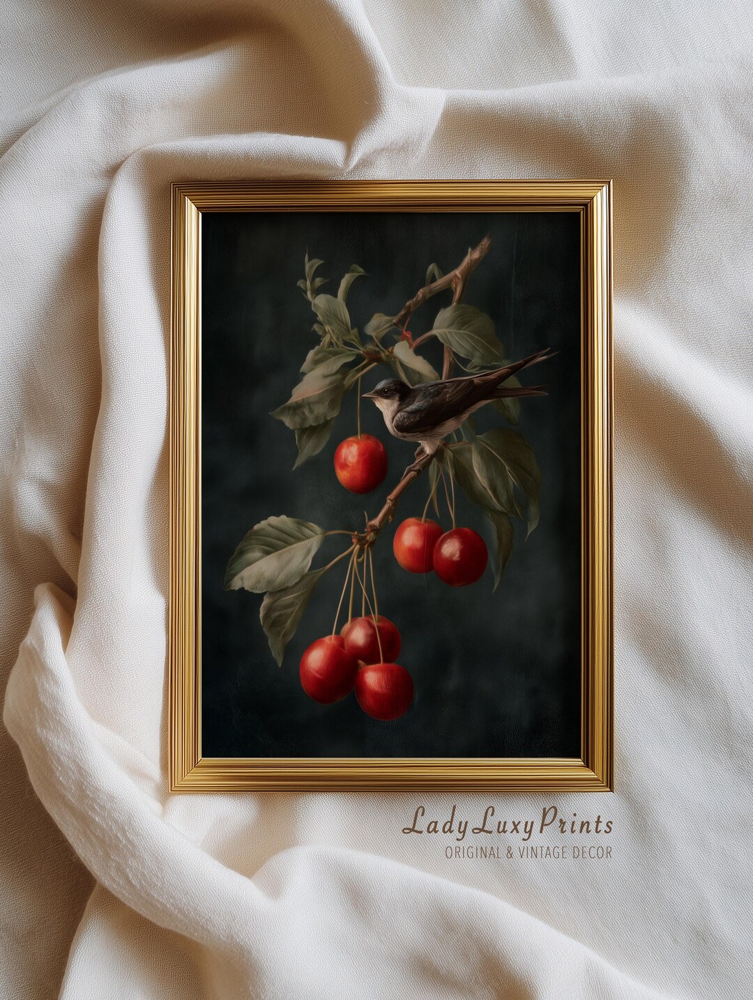 Vintage Bird and Cherry Branch Print: Rustic Botanical Wall Art ...