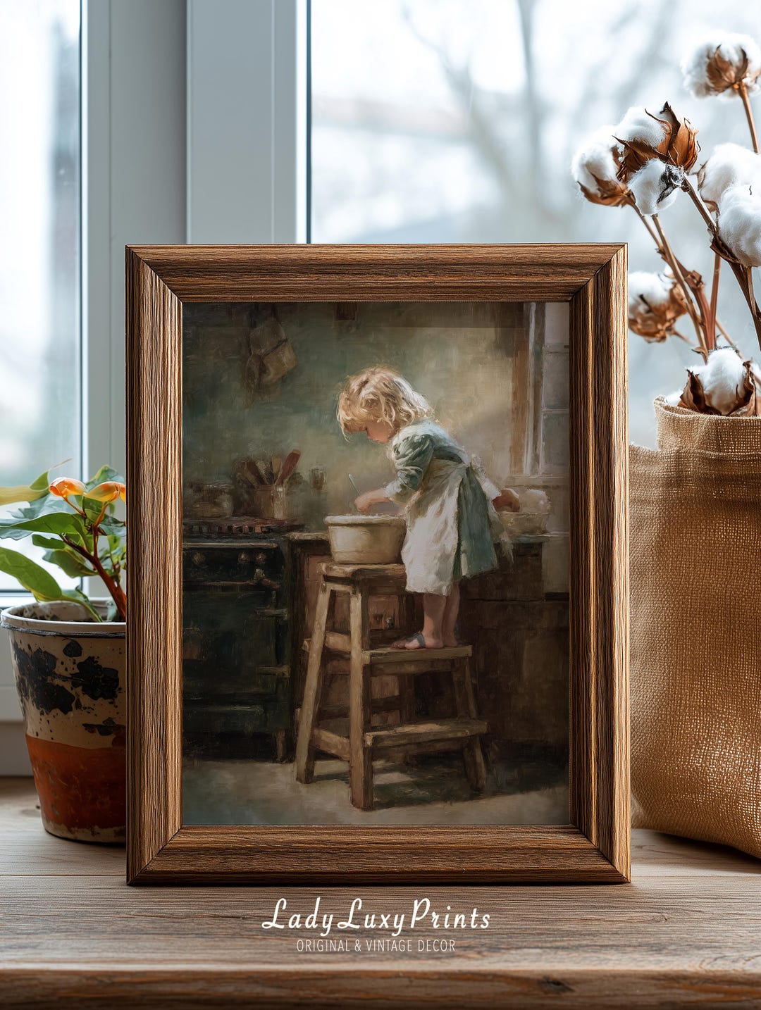 Vintage Kitchen Oil Painting: Little Girl Baking, Cozy Nursery Art ...