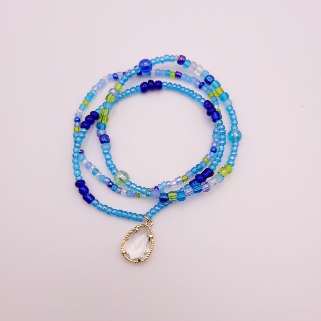 Set of 3 Blue Glass Seed Bead Bracelets With Teardrop Charm, Elegant ...