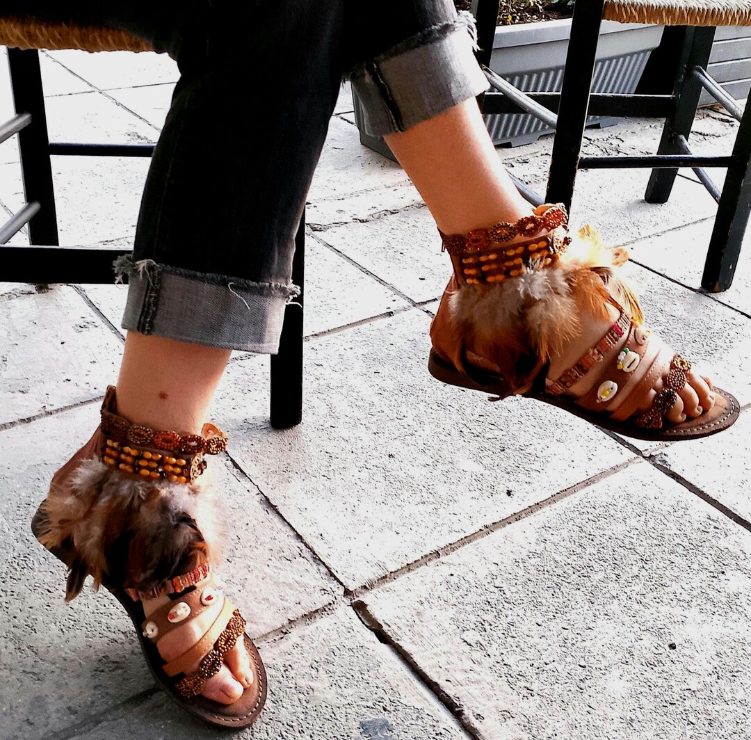 Strappy Ankle Sandals, Boho Chic Sandals, With Feathers and Stones ...