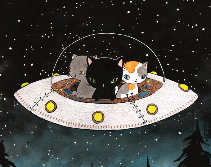 8x10 UFO Cats Print Flying Saucer Kitties - Etsy