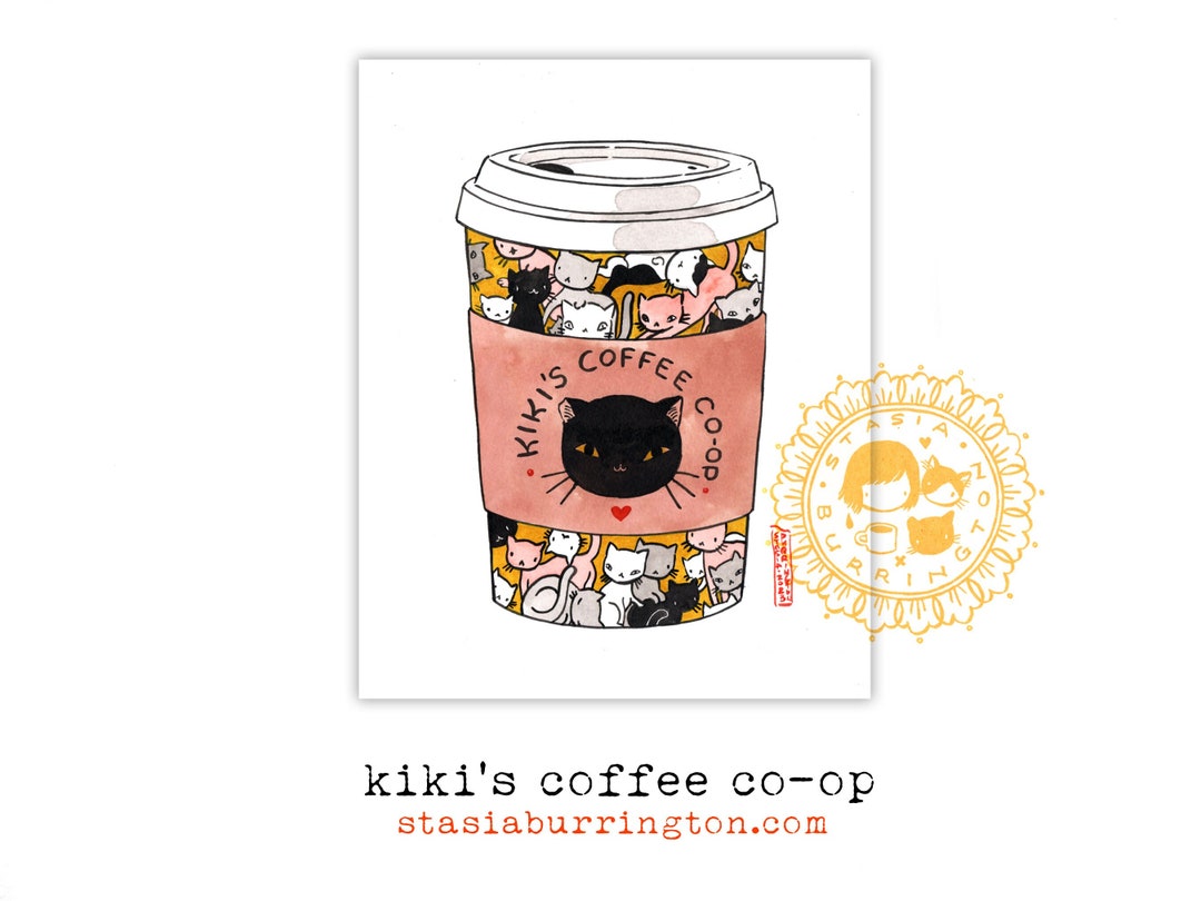 Kikis Coffee Co Op Art Print 8x10 Cat Coffee Cup Etsy