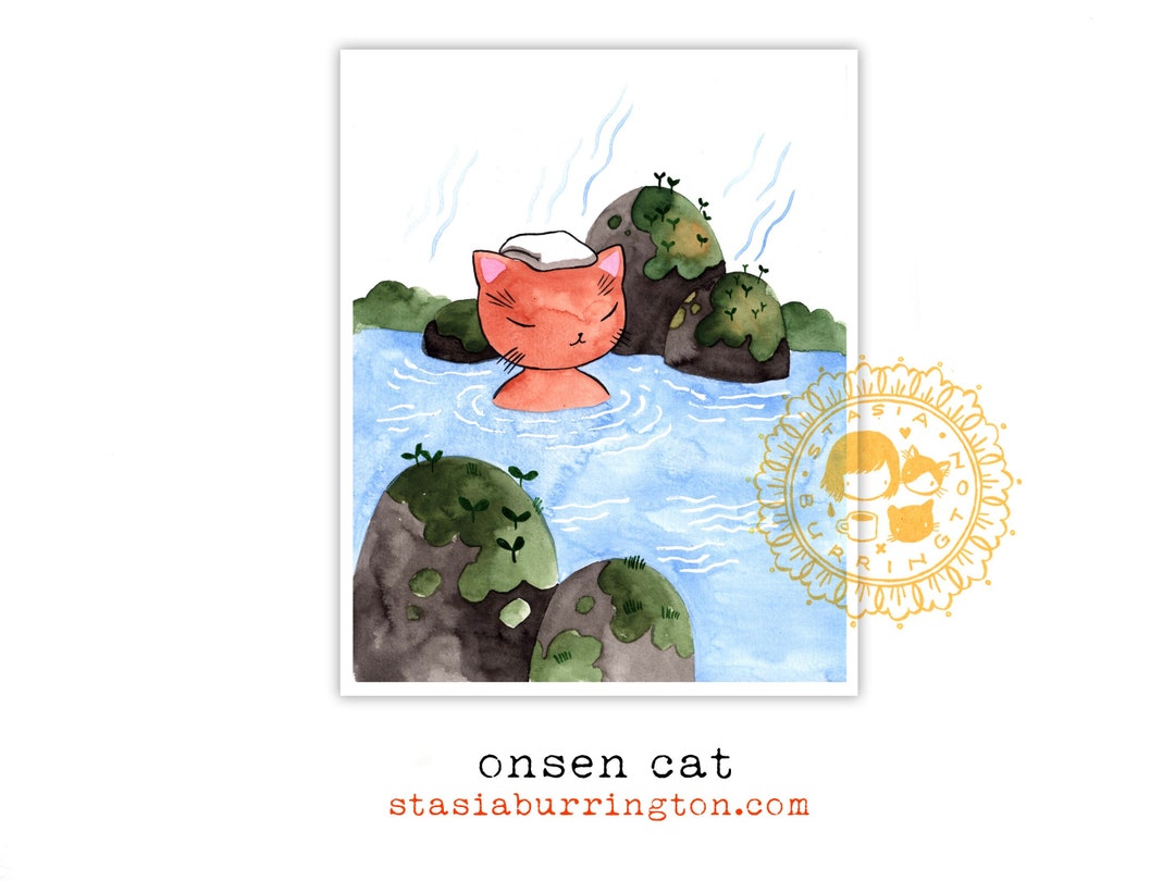 8x10 Print - Onsen Cat - Hot Springs Kitty - Etsy