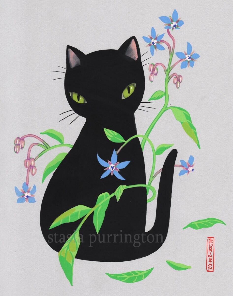Borage Kitty 8x10 Art Print of Botanical Cat Courage | Etsy