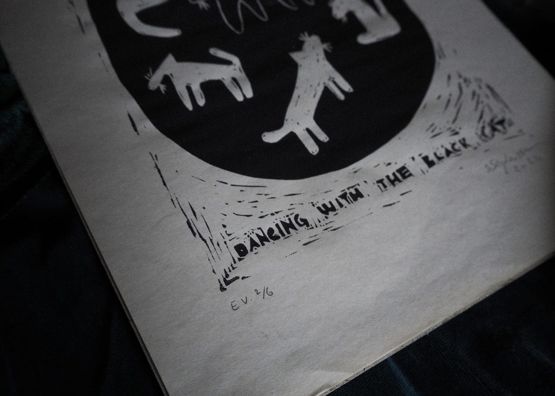 Linocut Dancing With the Black Cat Print - Etsy