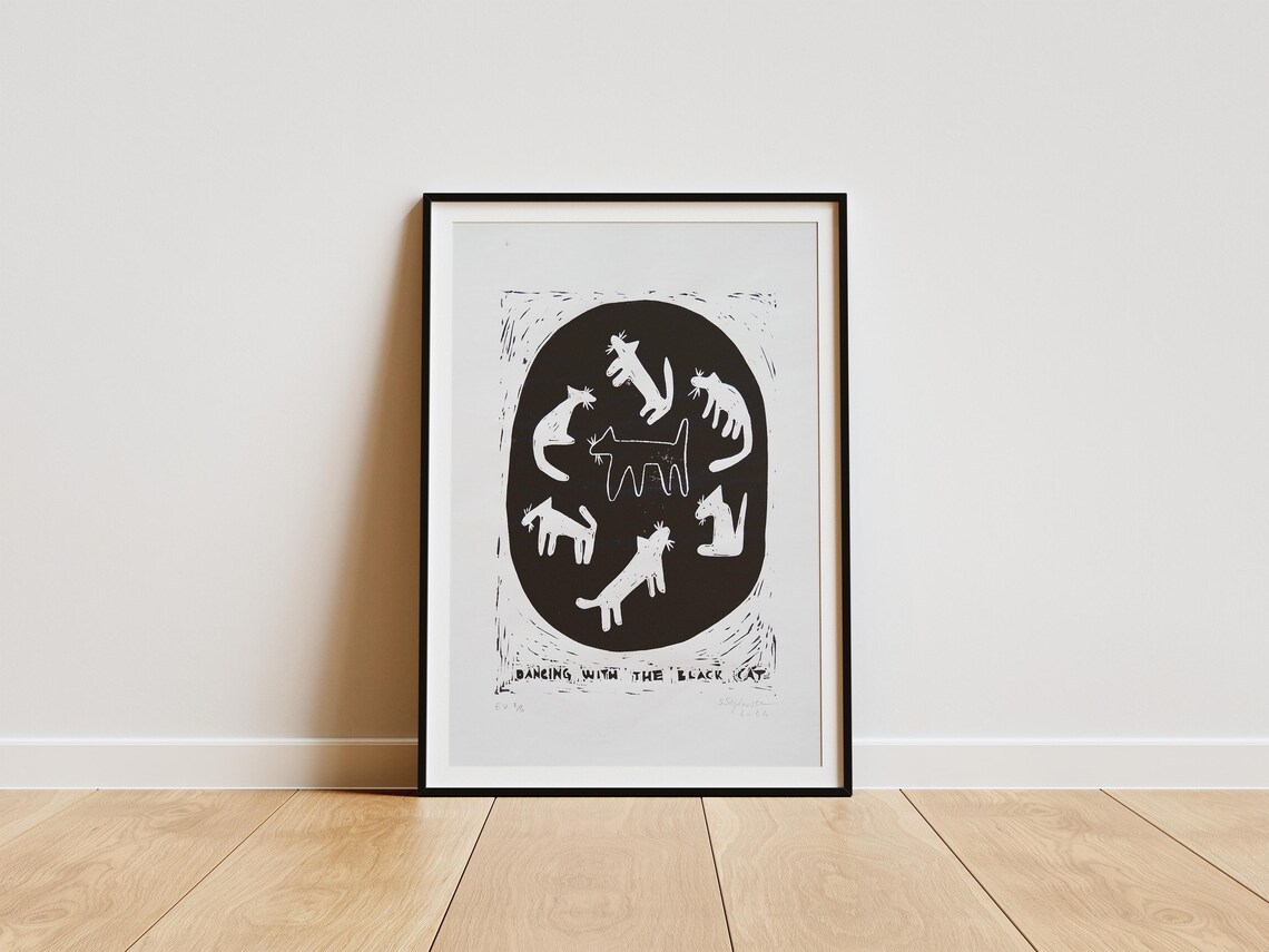 Linocut Dancing With the Black Cat Print - Etsy