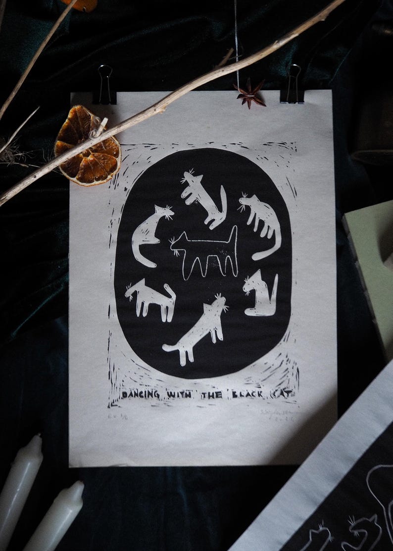 Linocut Dancing With the Black Cat Print - Etsy