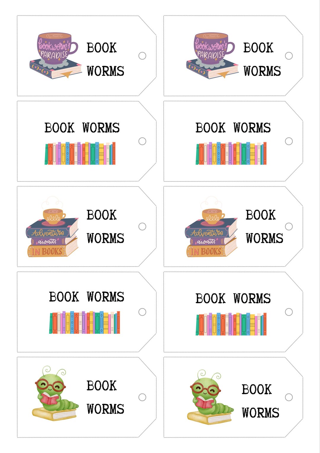 Book Worm Favor Tags (printable Digital File) - Etsy