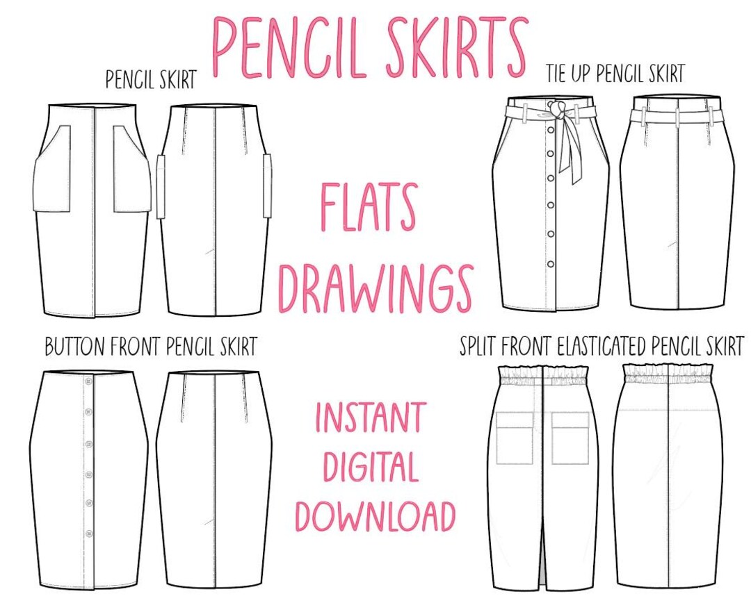 Pencil Skirt Flat Drawings, Formal Skirts, Button Front, Highstreet ...