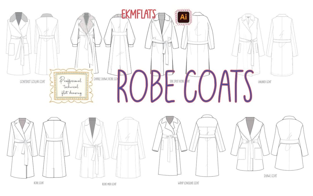 Robe Coat, Flat Drawings, Coat, Outerwear, Tie Up, Fashion Illustration ...