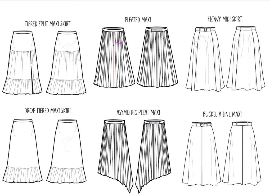 Maxi Skirt Flat Drawings, Vectors, Illustration Technical Drawings - Etsy