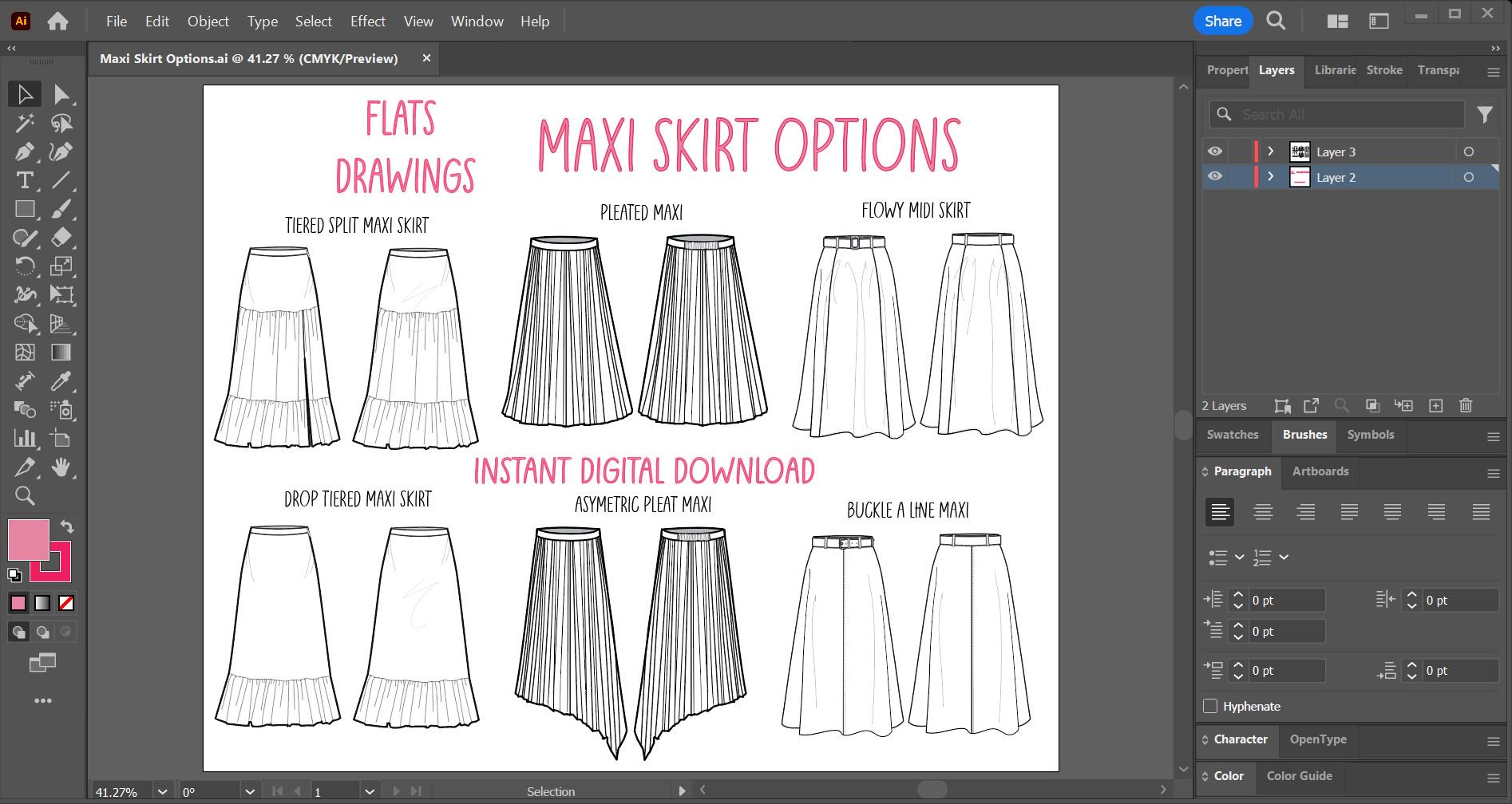 Maxi Skirt Flat Drawings, Vectors, Illustration Technical Drawings - Etsy