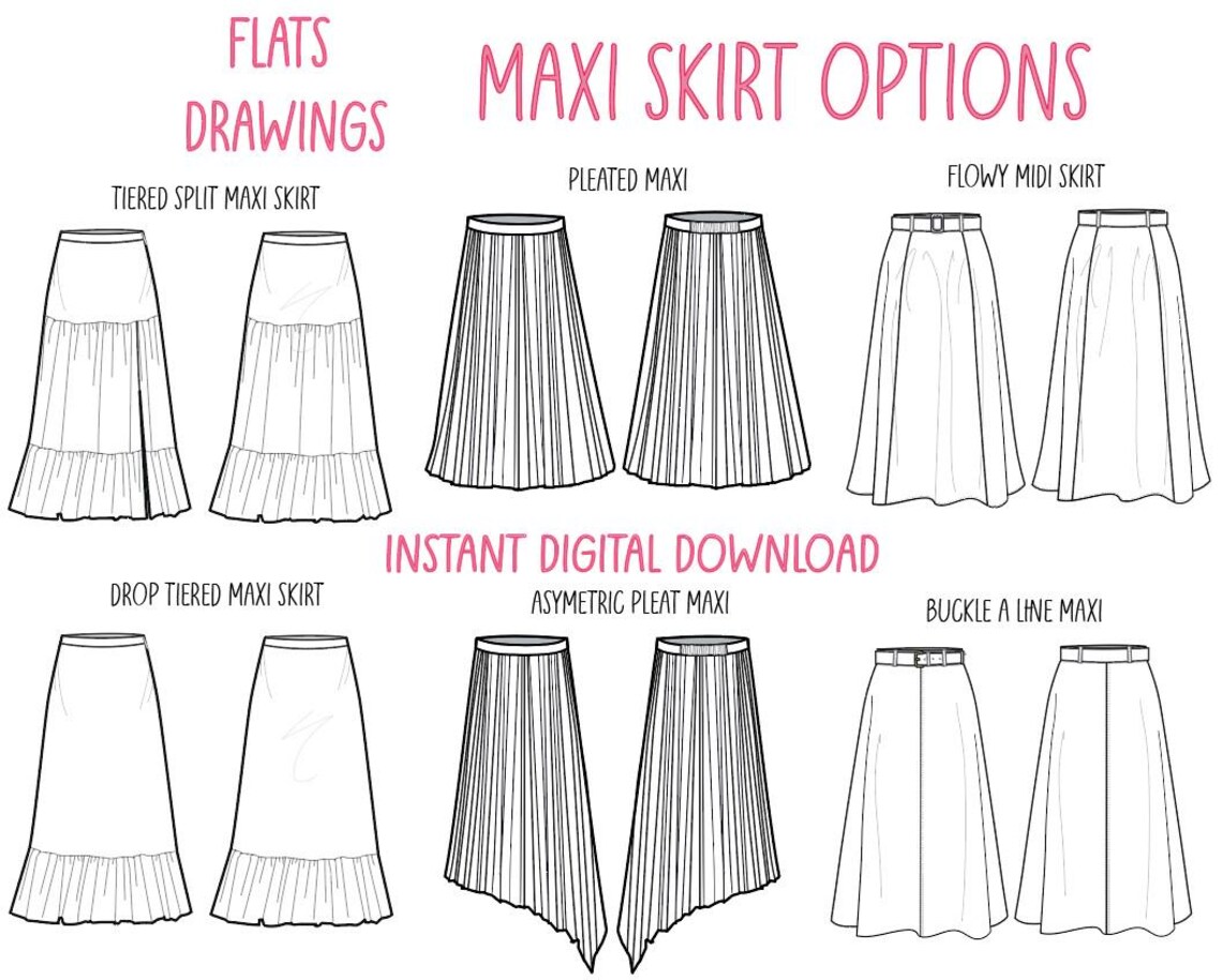 Maxi Skirt Flat Drawings, Vectors, Illustration Technical Drawings - Etsy