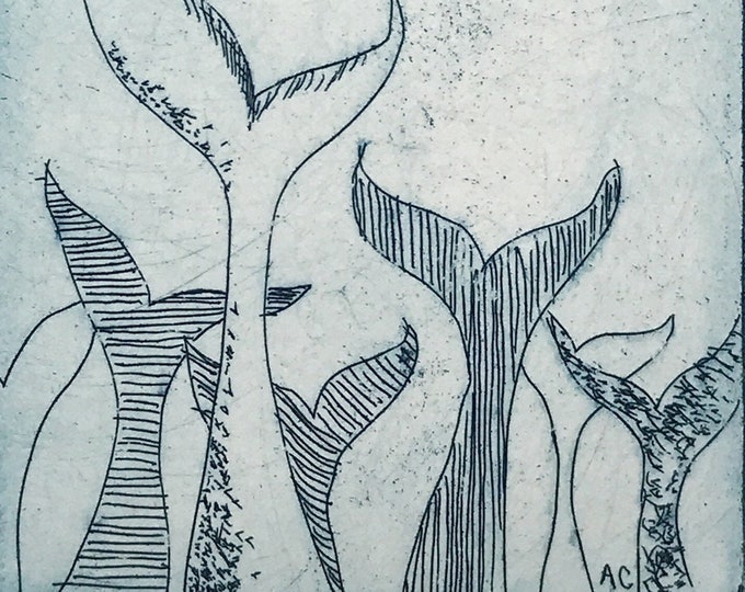 Original Etching in Blue of Mermaid or Whale Tails - Etsy