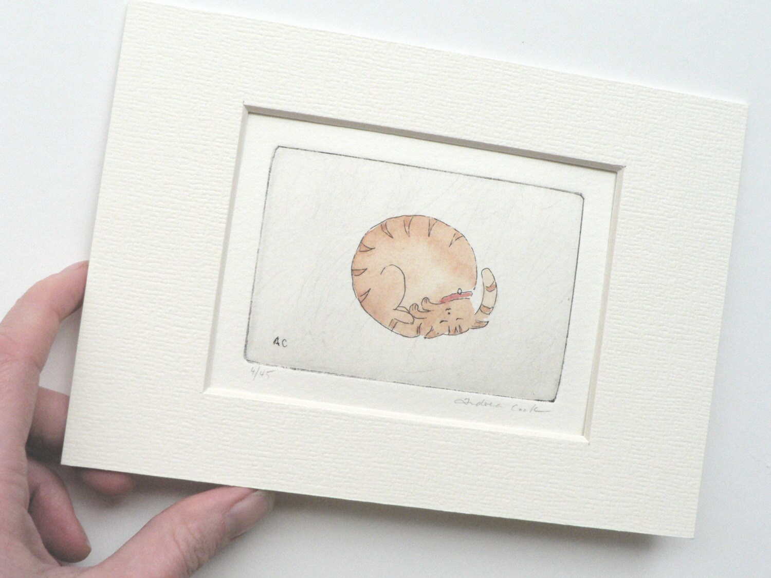Original Cat Etching and Watercolor - Taking a Break, Sleeping Ginger ...