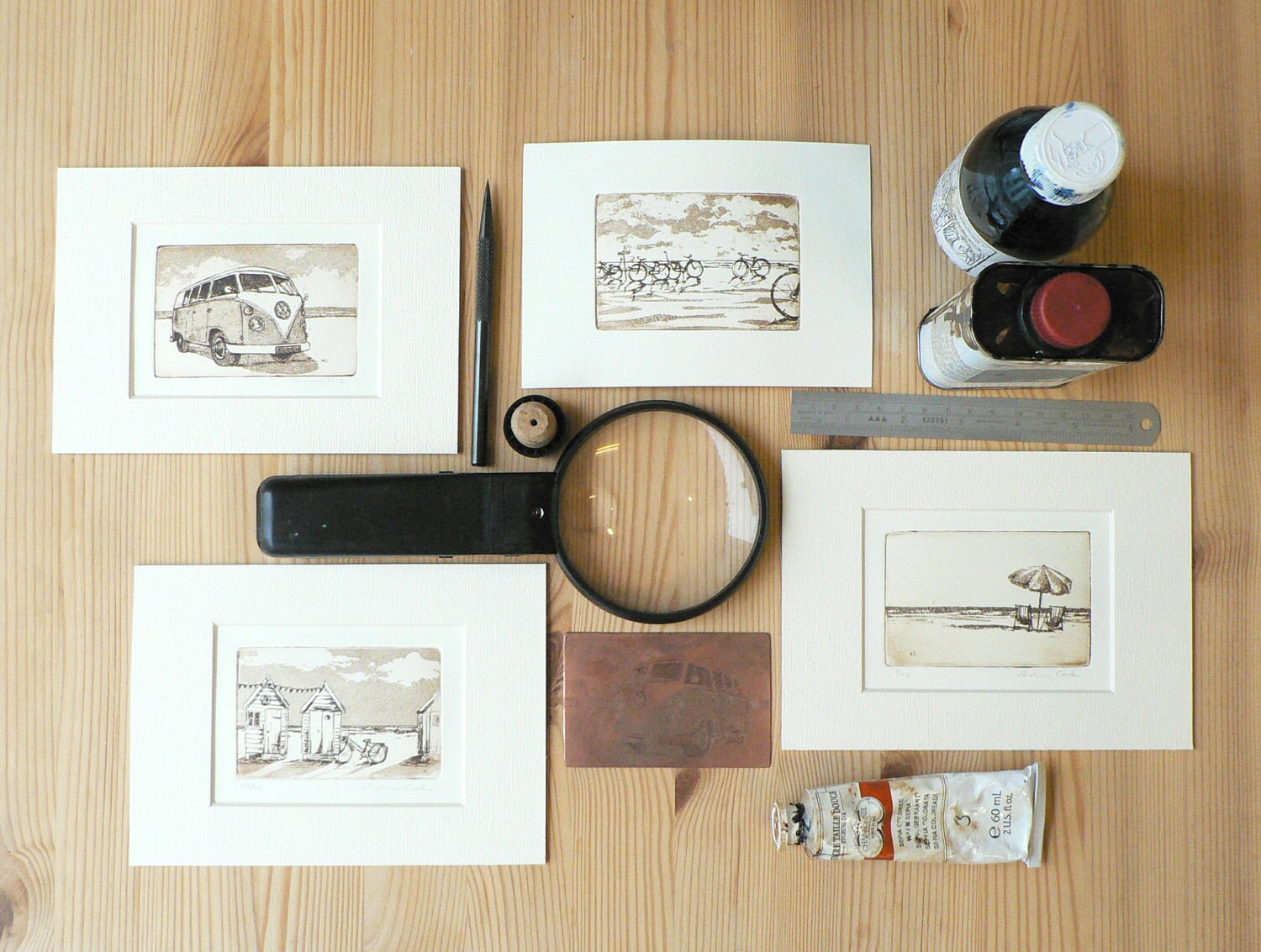 Original Etching and Aquatint of a Beach Huts and Wave | Etsy