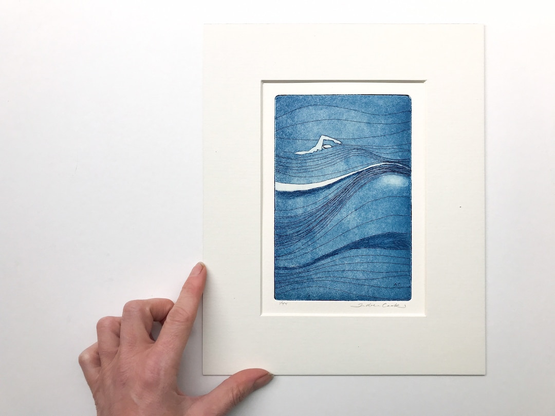 Original Color Etching and Aquatint in Blue: a Swimmer Out in the Open ...