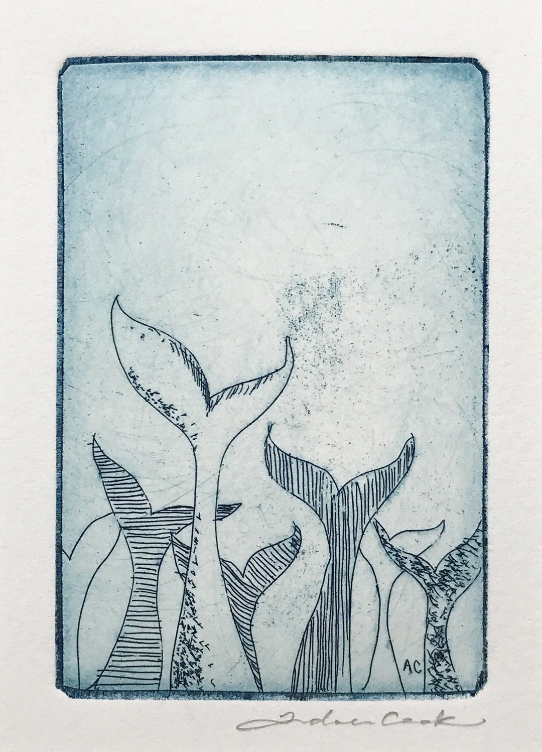 Original Etching in Blue of Mermaid or Whale Tails - Etsy